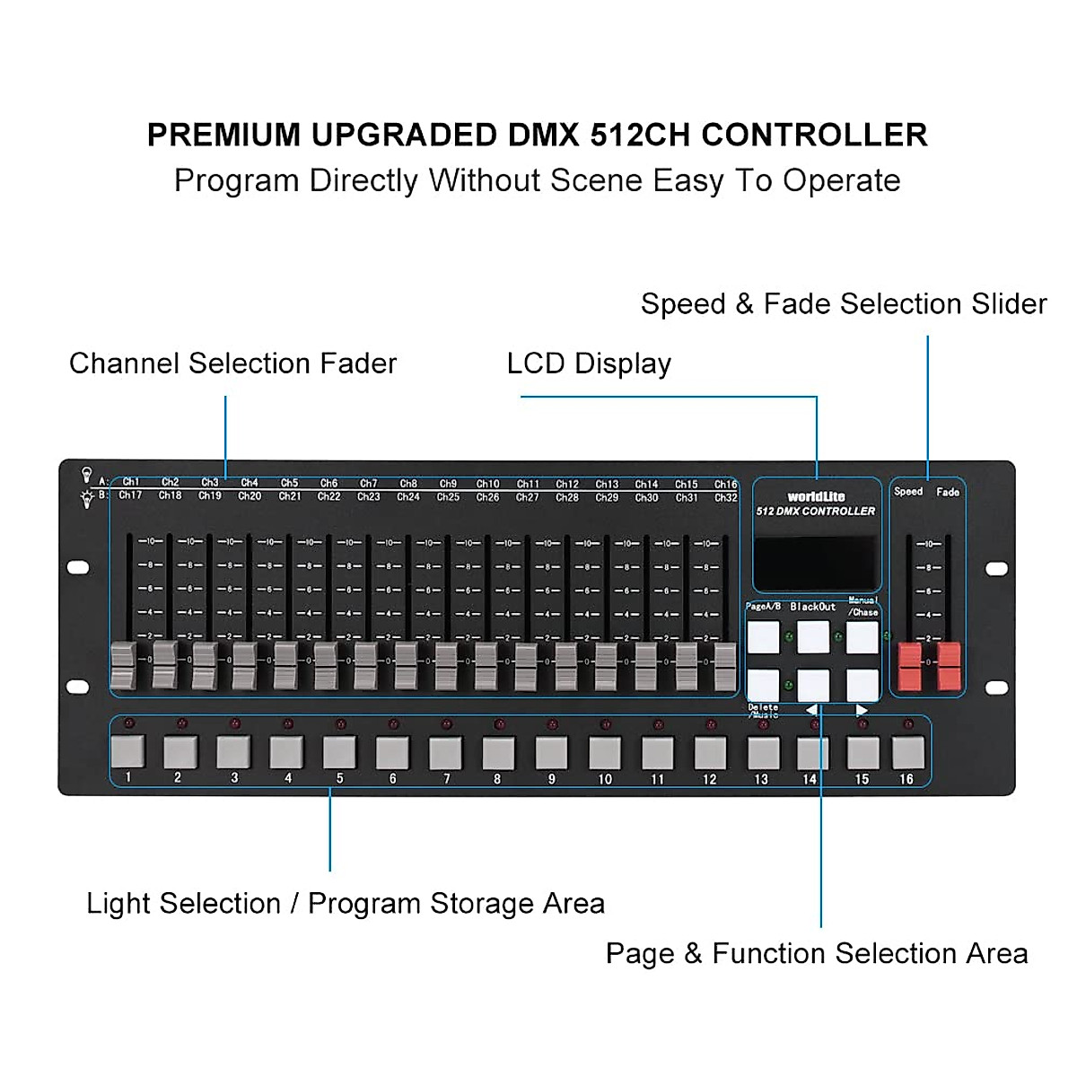 DMX Controller, WorldLite 512CH DMX Console, Premium DMX 512 Stage Lighting Controller Program Directly Without Setting Scene, Easy Light Console for Stage & DJ Lighting (512 Channels)