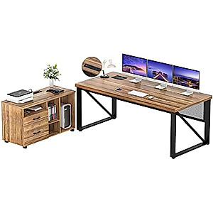 Unikito 55 Inch Executive Desk and Lateral File Cabinet, L Shaped Office Desk with Power Outlet and USB Port, Large Computer Table Home Office Furniture with Drawers and Storage Shelves, Rustic Walnut