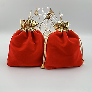 Palmhomee Pack of 12 Velvet Drawstring Bags With Gold Color Openning Gift Bag Velvet Pouch For Jewelry Wedding and Party Favor (5x6 Inch, Red+Gold Openning)