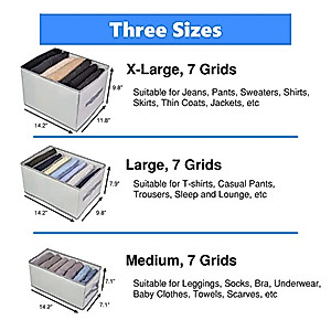 4 Packs (Light Gray), Upgraded Sturdy Wardrobe Clothes Organizer, Build in PP Board, 7 Grids Storage Box, Washable Clothes Organizer for Folded Clothes, Sweater/Shirts/Pants/Jeans Organizer - XL(1pcs), L(1pcs), M(2pcs)
