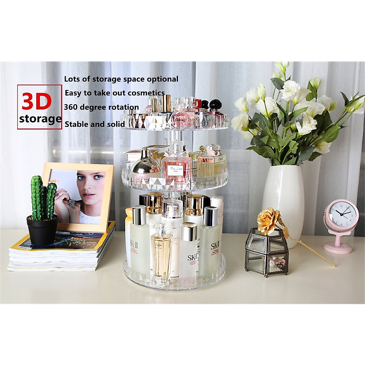 BOTIDE Diamond Pattern Three Layers Perfume Organizer, 360 Rotating Diamond Cosmetic Storage Box Transparent Acrylic Swivel Shelf Desktop Skin Care Product Dresser Finishing, Plus Size