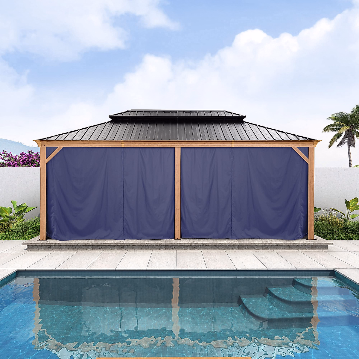 PURPLE LEAF 12' X 20' Outdoor Hardtop Gazebo for Patio Galvanized Steel Double Roof Permanent Canopy Teak Finish Coated Aluminum Frame Pavilion Gazebo with Netting and Navy Blue Curtains