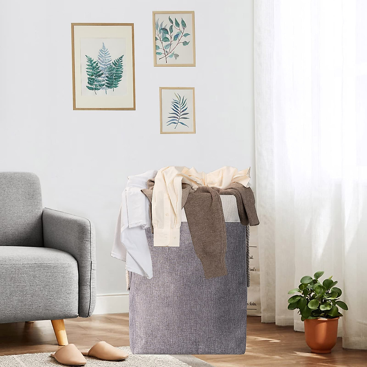 ELONG HOME Laundry Basket 2 Pack, 75L Laundry Hamper with Support Rods and Rope Handles, Freestanding Laundry Baskets, Linen Hampers for Laundry Room Bathroom Bedroom, Grey+Beige