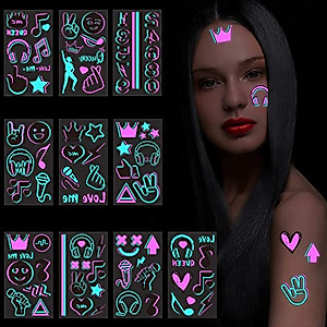 Konsait 10 Sheets Glow In The Dark Tattoos for Kids Adults, Safe and Easy to Use Neon Temporary Music Tattoos, Music Notes UV Blacklight Tattoos, Glow In The Dark Party Makeup Supplies Party Favors