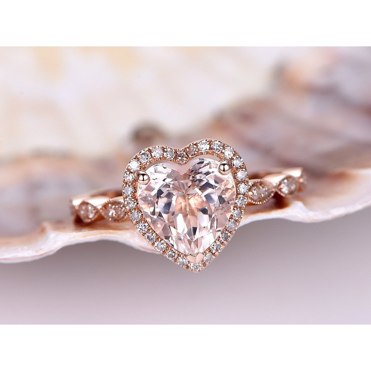 3pcs 14k Rose Gold Engagement Ring Set,8mm Heart Shaped Pink Morganite Halo Vintage Diamond Bridal Band