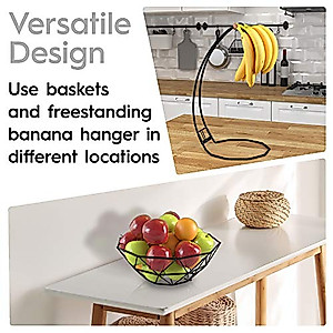 CuttleLab Fruit Basket with Banana Hanger (Black, 1-Tier), Fruit Bowl with Banana Holder, Fruit Bowl for Kitchen Counter used as Bread Basket, Vegetable Basket, Fruit Stand,Egg Holder with Banana Tree