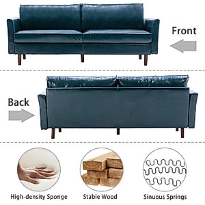 Dreamsir 80'' Faux Leather Sofa Couch, Mid-Century Modern Couch with Solid Wooden Frame & Padded Cushions, 3-Seater Couch for Living Room, Apartment, Lounge Room (Peacock Blue)
