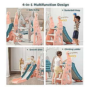Toddler Slide and Swing Set 4 in 1 Toddler Playground with Swing Slide Climber and Basketball Baby Slide for Boys and Girls Backyard Playsets for Kids Indoor and Outdoor(Pink)