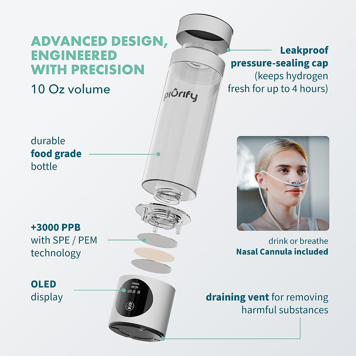 PIURIFY - 9.5 Oz Hydrogen Water Bottle Generator - up to 4100ppb Easy to use Hydrogen Water Machine with Advanced SPE/PEM Technology, Water Ionizer, Hydrogenated Water, Hydro Water Bottle (Silver)