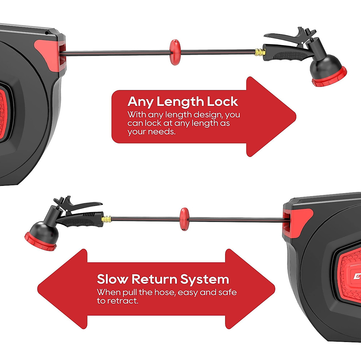 ECOMAX ELG09 1/2in. x 100ft Retractable Garden Hose Reel, Heavy Duty Water Hose Reels, Any Length Lock, Slow Return System, 8 Pattern Hose Nozzle, Wall-mounted & 180° Swivel Bracket, Black & Red