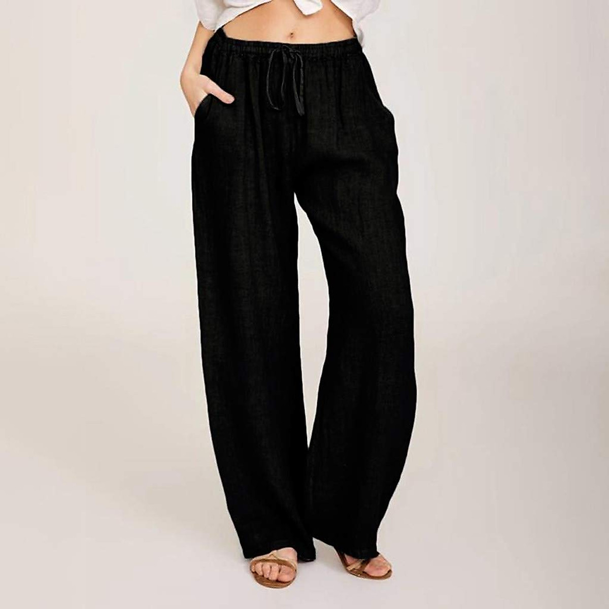 Long Linen Pants for Women Tall, Wide Leg Pants for Women Summer High Waisted Boho Cotton Linen Palazzo Pants Casual Flowy Lounge Trousers with Pockets Black XL