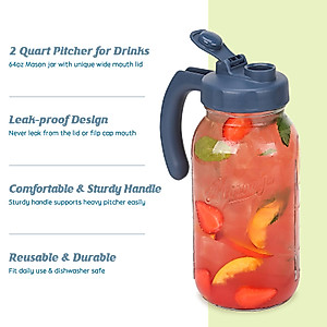 Soligt Glass Mason Jar Pitcher with Lid, Wide Mouth Flip Cap Pour Spout Leak-proof Lid with Handle, 64 oz (2 Quart / 1.9 Liter), for Sun Tea/Iced Tea/Juice/Cold Brew Coffee/Milk