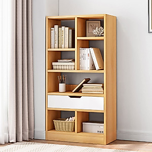 IOTXY Wooden Open Shelf Bookcase - 51" Height Freestanding Display Storage Cabinet Organizer with 7 Cubes and a Drawer, Floor Standing Bookshelf, Yellow
