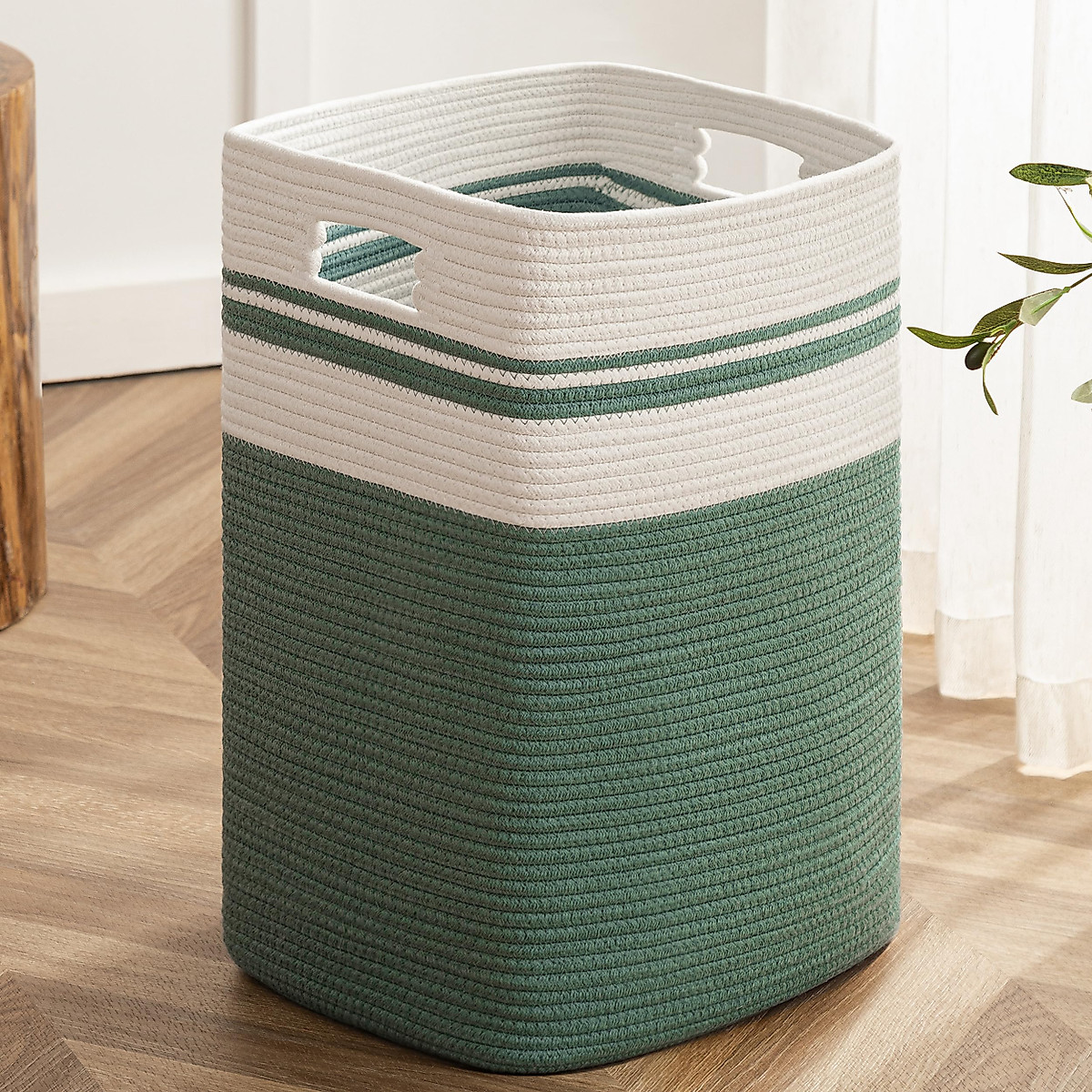 joybest Cotton Laundry Hamper, Large Woven Rope Basket with Handles for Living Room and Bedroom, Stylish Storage Basket for Clothes, Toys, and Blankets - 22x16x13 Inches Green