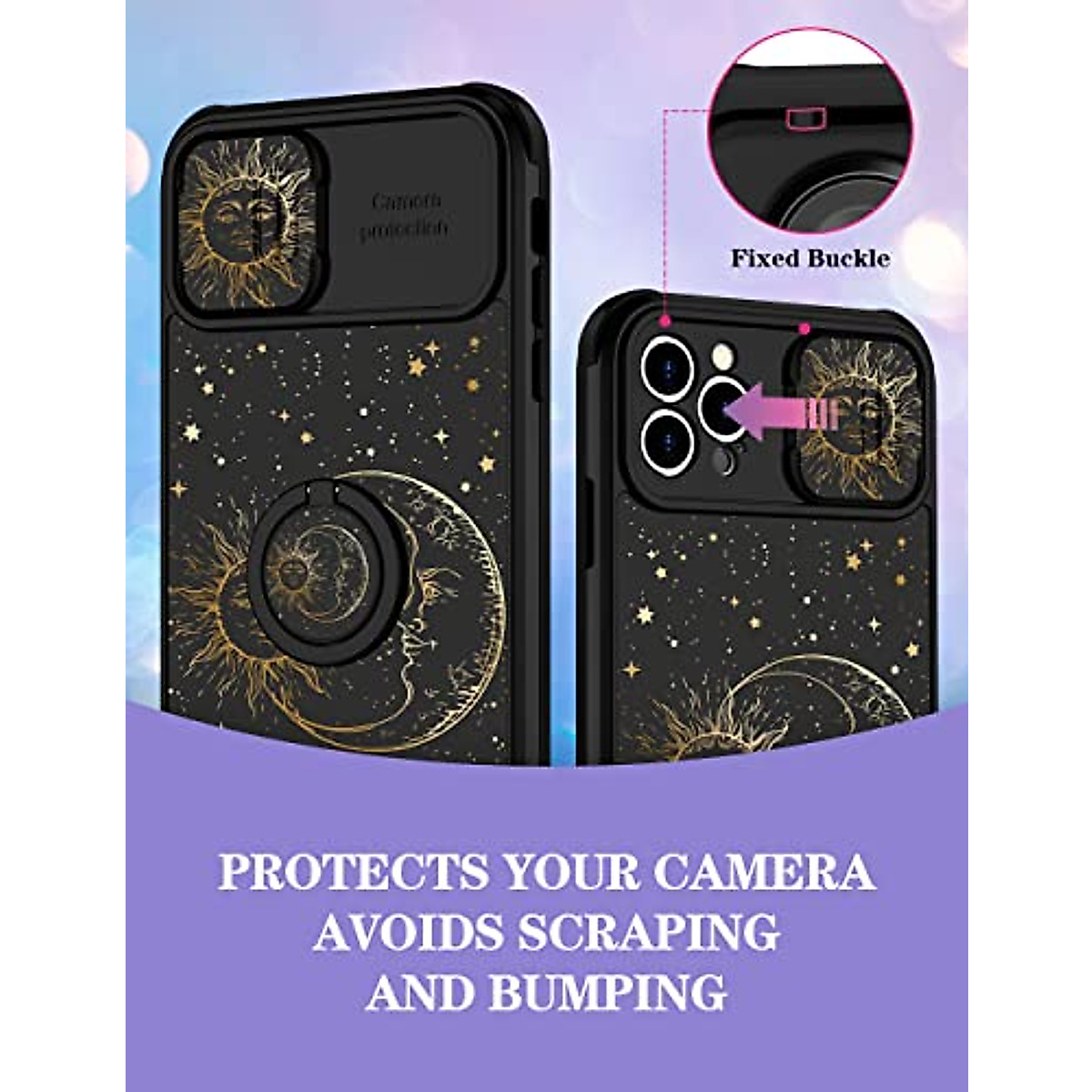 Goocrux (2in1 for iPhone 12 Pro Max Case Sun Moon Stars for Women Girls Cute Space Phone Cover Fashion Golden Star Print Design with Slide Camera Cover+Ring Holder Cases for iPhone 12 ProMax 6.7''