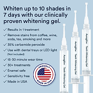 Auraglow 35% Teeth Whitening Gel Syringe Refill Pack, 35% Carbamide Peroxide, 30 Whitening Treatments, (3) 5mL Whitening Gel Syringes, Sensitive Teeth Whitening