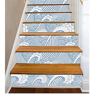 Cute Sea Waves Adhesive Shelf Liner Peel & Stick Dresser Drawer Sticker Cabinet Sticker Furniture Contact Paper, 17.7 Inch by 9.8 Feet (17.7 Inch by 9.8 Ft, Blue/White)