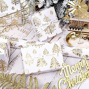 WRAPAHOLIC 3D Kraft Christmas Wrapping Paper Roll - Mini Roll - 17 Inch x 16.5 Feet - Gold and White Christmas Tree Design with Embossed Perfect for Holiday, Party Celebration