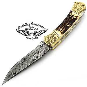 Best.Buy.Damascus1 Damascus pocket knife, Folding knife, Pocket Knife For Men, Knife Set with knife sharpeners Premium Quality gifts for men (antlers Scrimshaw)