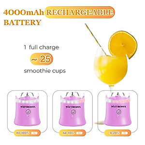 Wiztronix Portable Blender - 600ml Capacity, USB Rechargeable, Purple