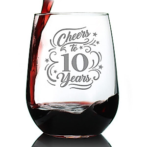 Cheers to 10 Years - Stemless Wine Glass Gifts for Women & Men - 10th Anniversary Party Decor - Large 17 Oz Glass