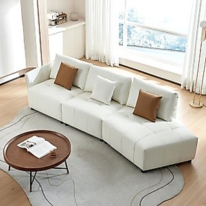 120'' Leather Sectional Couch for Living Room, Modern Modular Sectional Sofa, Ergonomic L Shaped Sofa 4 Seat Sofa, Curved Couch with Button Tufted Seat Cushion & 3 Pillows for Apartment, Office, Beige