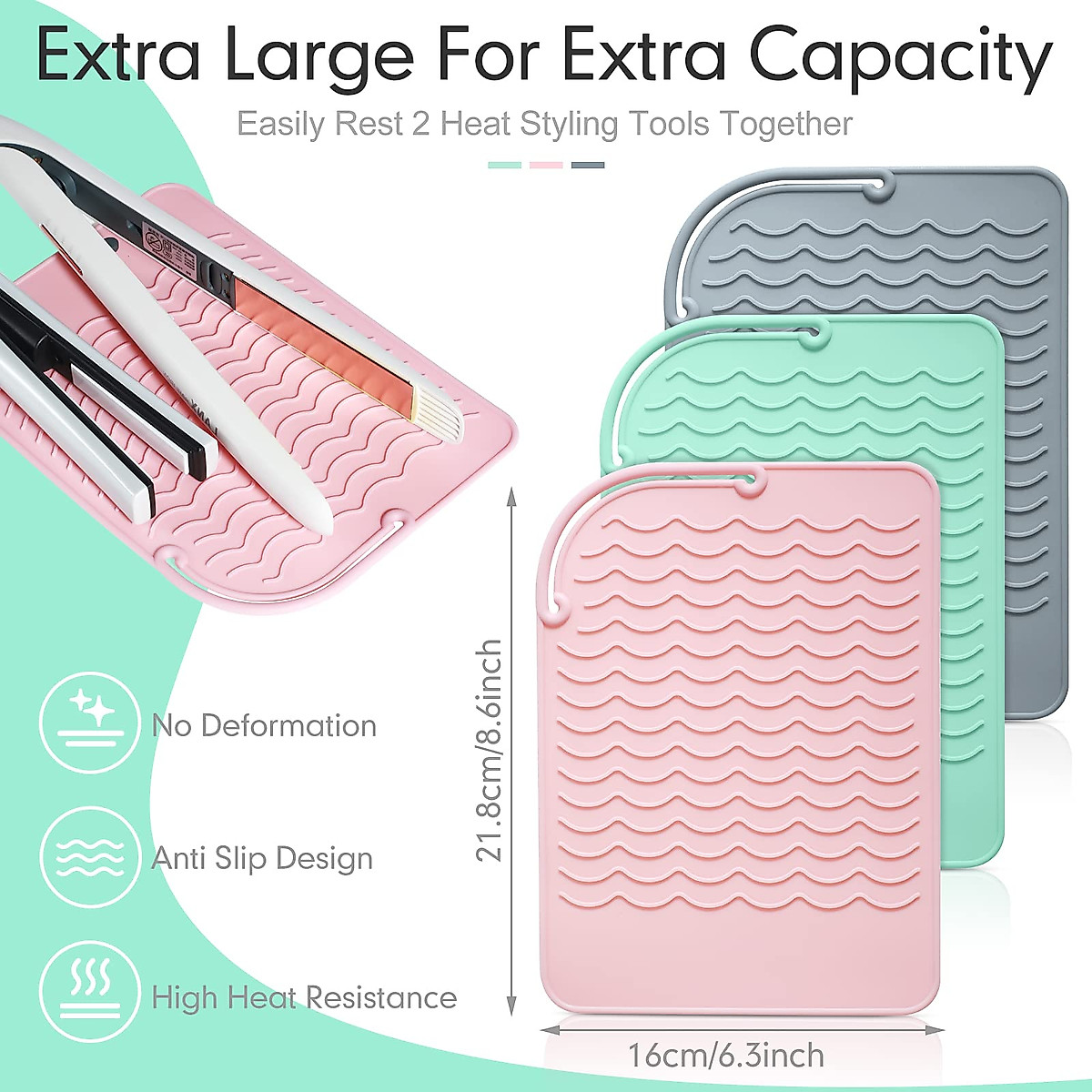 Zhehao 3 Pcs Silicone Heat Resistant Mat for Curling Irons Straightener Flat Iron Holder Travel Hair Iron Silicone Mat Pad for Hot Styling Tools, 8.6 x 6.2 Inch (Pink, Teal, Gray)