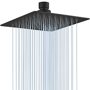 BESy 6 Inch Rain Shower Head, 6" Square Rainfall & High Pressure Stainless Steel Bath Showerhead, 1/16" Ultra Thin, Waterfall Full Body Coverage with Silicone Nozzle, Matte Black Finish