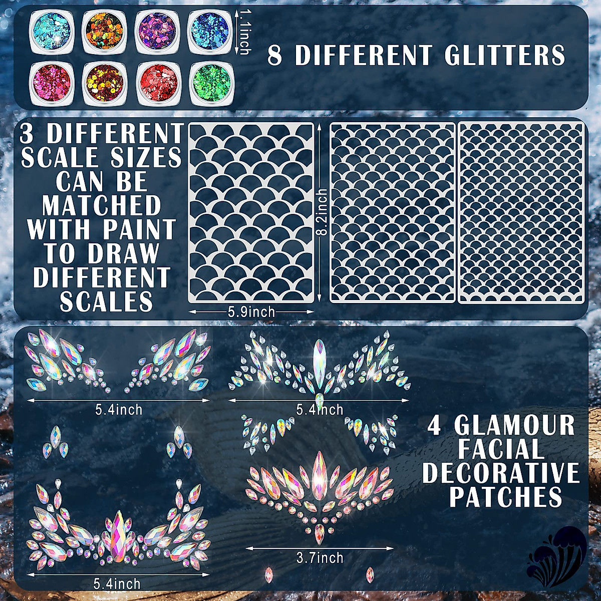 Halloween Mermaid Costume for Women Make up Kit 4 Pcs Mermaid Face Gems with 8 Bottles Holographic Glitter 3 Pcs Mermaid Scales Stencil Rhinestone Face Stickers for Carnival Party (Glitter Style)