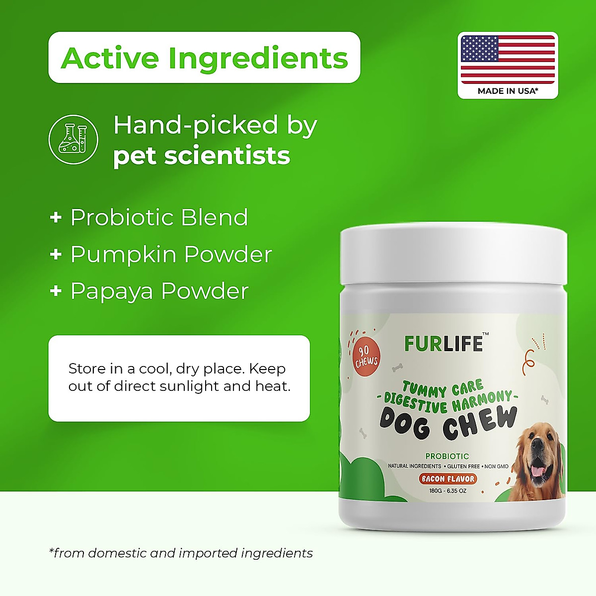 FurLife - Probiotics for Dogs - Digestive Enzymes for Gut Flora, Digestive Health, Diarrhea & Bowel Support - Supplement Soft Chew for Pet Immune System - Bacon - 90 Chews