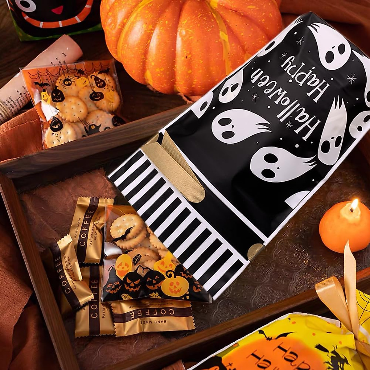 VIFOME 24 PCS Halloween Favor Bags Ghost Treat Bags Gift Bags Plastic Drawstring Bags Candy Goodies Bags Gift Wrapping Bags Halloween Party Decoration