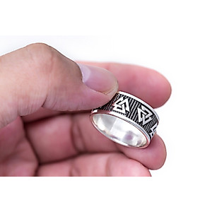 925 Sterling Silver Viking Valknut Odin Norse Jewelry Oxidized Band Ring (9)