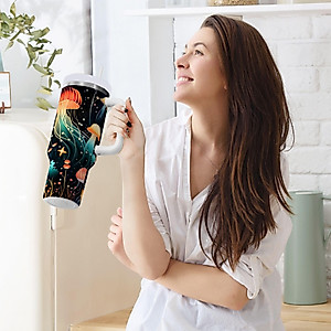 ARGTILDN 40 oz Tumbler Sea Jellyfish Glow Insulated Travel Mug with Handle and Straw Lid Stainless Steel Vacuum Coffee Cup Tea Beverage Container Water Bottles for Car Sports office