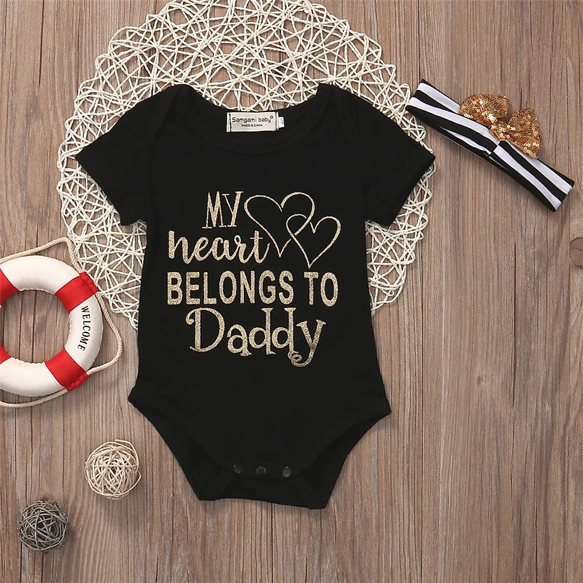 Infant Baby Girls Daddys Letter Playsuit Romper Bodysuit Short Sleeve Shirt (My Heart Belongs to Daddy-Black, 3-6 Months)