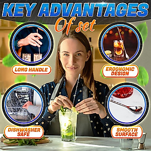 4Pcs Bar Spoon Cocktail Mixing Spoon - 12" Drink Mixer Metal Spoons Cocktail Stirrers Long Spoons for Stirring Spoons Set Cocktail Spoon Long Handle - Christmas Cocktail Mixers Long Spoon Bar Spoons