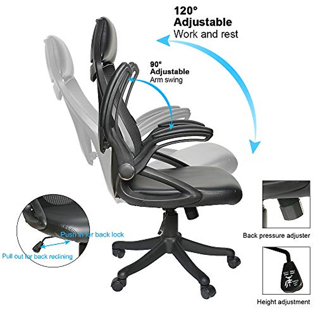 Ergonomic Home Office Desk Chair – Computer Mesh Adjustable Task Swivel Tilt Tension Armless Cushion Mid-Fiber Mesh Lumbar Support (Black D03(2))