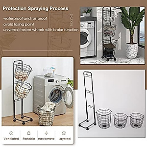 usego 3 Tier Laundry Basket with Rolling Lockable Wheels Wire Metal Sorter Storage Trolley Shelf Basket Durable Metal Sorter Clothes Storage Trolley Shelf with Removable Hamper for Organizing Clothes
