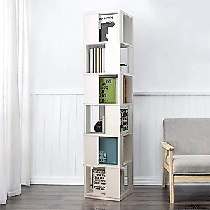 Rotating Bookshelf,6 Tier 360 Floor Standing Revolving Bookcase Storage Rack,Wood Narrow Bookshelf for Small Space,Corner Book Shelf Organizer for Bedroom, Living Room (White)