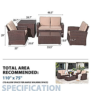 JOIVI PE Wicker Patio Furniture Set, 5 Piece Outdoor Sectional Conversation Sofa Set with Storage Box, Brown Rattan Loveseat Couch Sofa and Tempered Glass Table, Beige Cushions