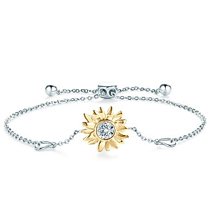 Sunflower Heart Bracelet for Women Sterling Silver Moissanite Diamond Adjustable Charm Bracelets Pulseras de Mujer White Gold Plated Jewelry Birthday Gifts for Her Mom Women Girlfriend Mama Wife