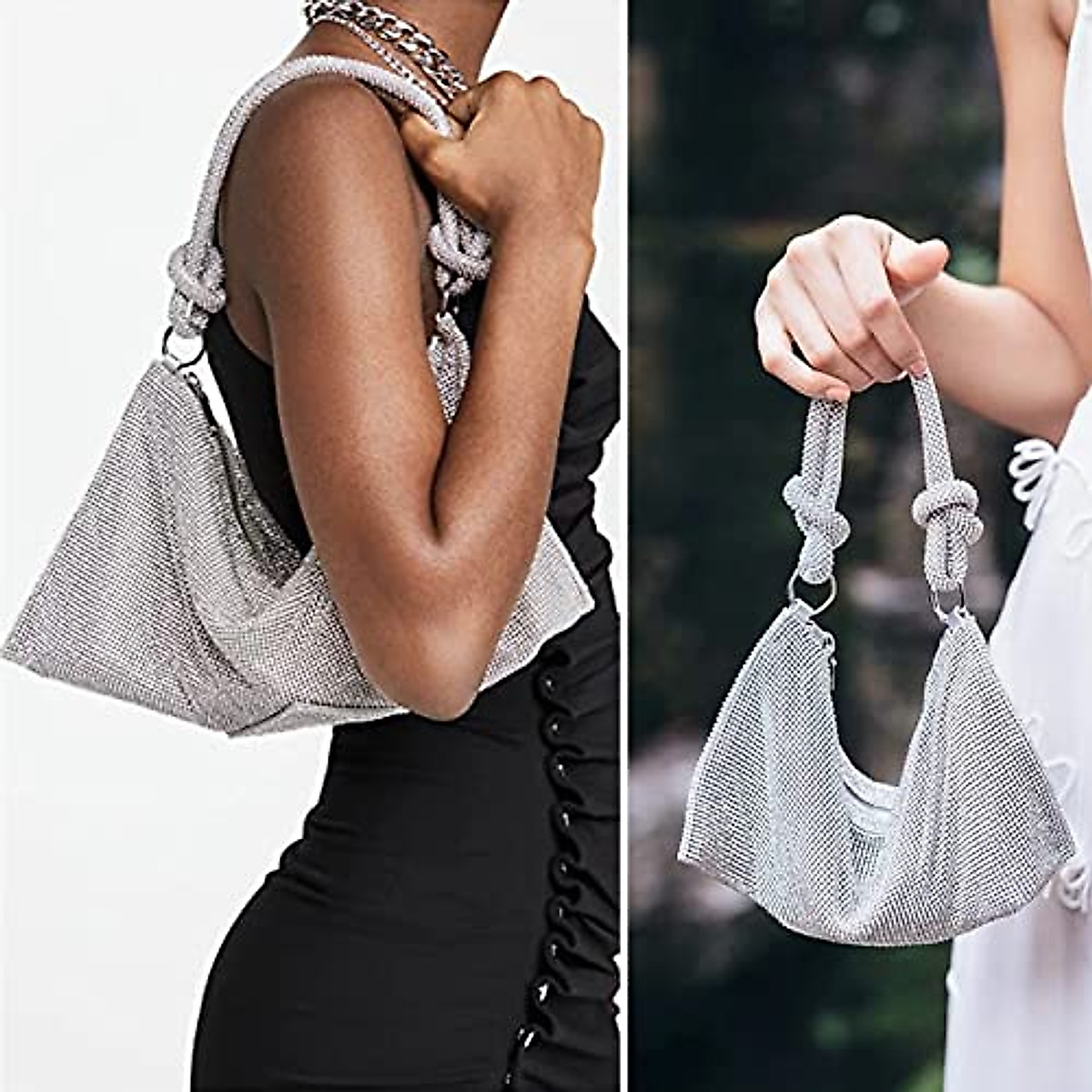TOPALL Rhinestone Purse Sparkly Bag Silver Diamond Purses for Women Upgrade Evening Prom Rhinestone Bag Handbag Bling Hobo Bag for Party Club Banquet Wedding (Medium)