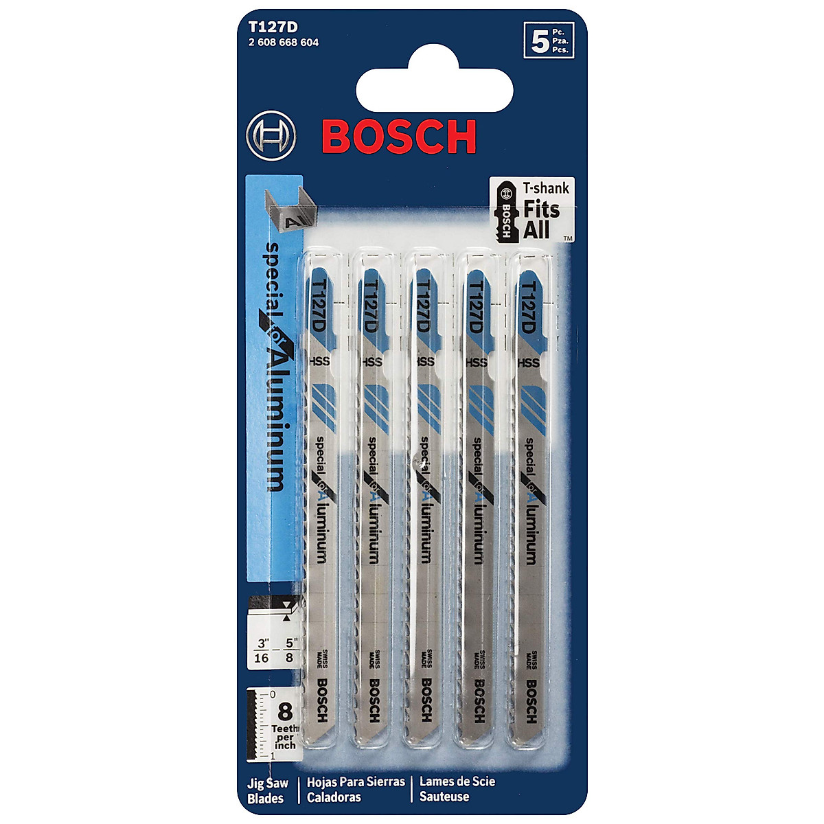 Bosch T127D 5-Piece 4 In. 8 TPI Special for Aluminum T-Shank Jig Saw Blades