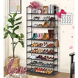 AOSION 10 Tier Shoe Rack,Shoe Rack for Closet,30-50 Pairs Tall Shoe Rack Organizer with Hooks,Large Shoe Rack with Removable,Space Saving Shoe Shelf,Non-Woven Fabric Shoe Tower,Black