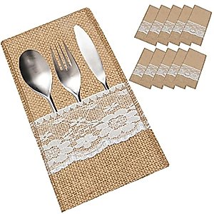 JFFX 10 Pieces Natural Burlap Lace Cutlery Holder, Burlap Utensil Holder Pouch, Knife Fork Silverware Bags for Vintage Wedding Party Dinner Thanksgiving Banquet Tableware Decorations