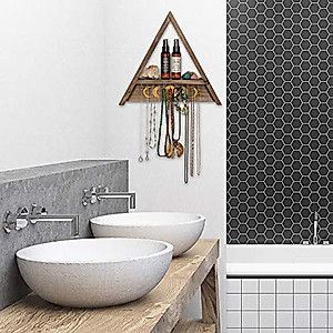 Rustix Rustic Wooden Hanging Jewelry Wall Organizer Triangle Shelf with Moon Phases and Small Hooks for Earring, Necklace, Crystal Display, and Small Decor