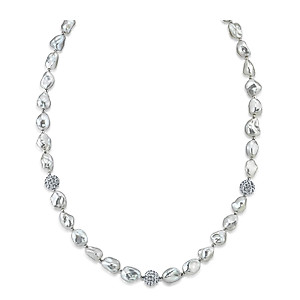 The Pearl Source 7-8mm Genuine Baroque White Freshwater Cultured Pearl & Cubic Zirconia Necklace for Women