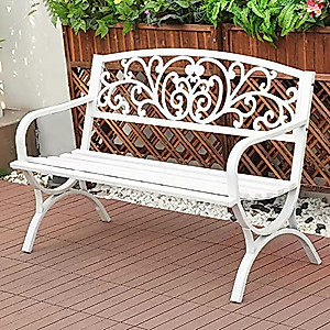 Patio Park Garden Bench Outdoor Metal Benches with Armrests for Park, Cast Iron Steel Frame Chair Front Porch Path Yard Lawn Decor Deck Furniture for 2-3 Person Seat (Color : White, Size : A)