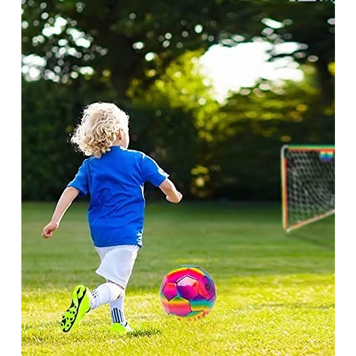 Morvat Kids Metal Poles Soccer Goal Set Portable Lightweight Training Equipment Backyard & Indoors Premium 48”x30” Net + 2 Size Soccer Balls + Ball Pump + Storage Bag – Color: Rainbow