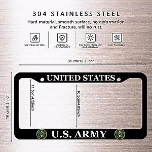 2 Pack License Plate Frames for U.S. Army, Universal Aluminum Front and Rear License Plate for United States Army (Black)