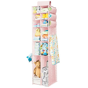 mDesign Long Soft Fabric Over Closet Rod Hanging Storage Organizer with 12 Divided Shelves, Side Pockets for Child/Kids Room or Nursery, Store Diapers, Wipes, Lotions, Toys - 2 Pack - Pink/White